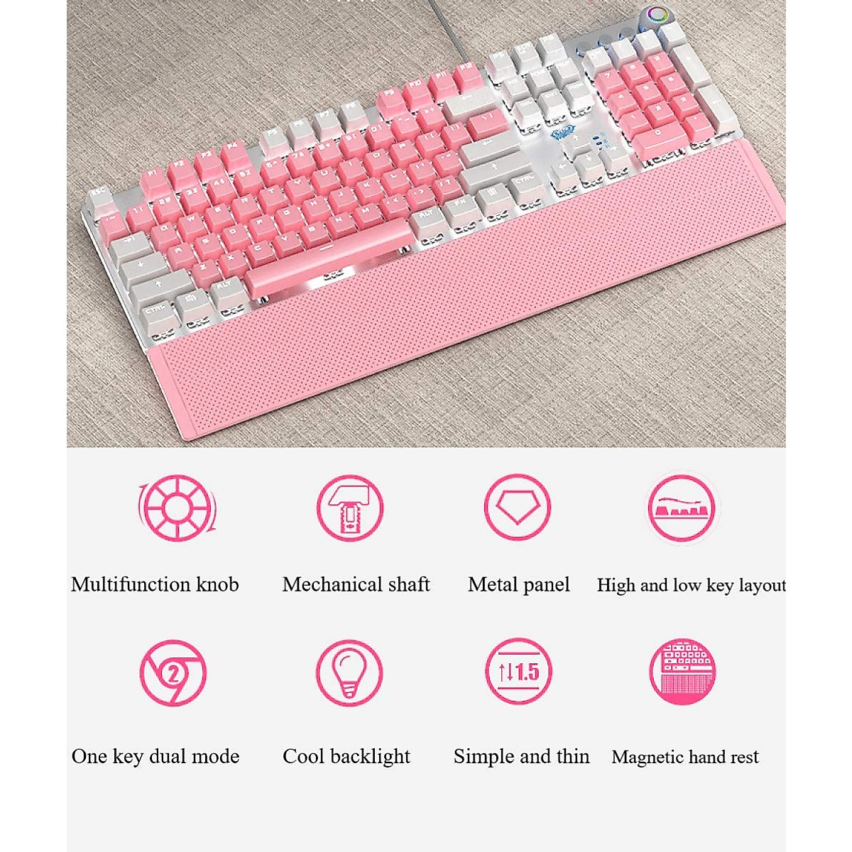 Mechanical Gaming Keyboard, with Multimedia Knob, Wrist Rest, Metal Panel, White LED Backlit, Pink and White PBT Keycaps, USB Wired Full-size Keyboard for Gamer Office PC Laptop Mac (Blue Switch)