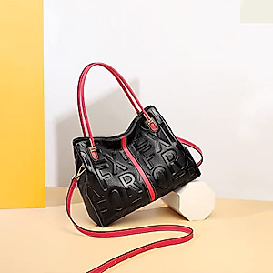 Leather Satchel Handbags for Women, Genuine Leather Alphabet Signature Pattern Ladies Top-handle Bags Womens Real Leather Tote Purses and Handbags Women's Shoulder Shopper Girls Large Carryall (Black)