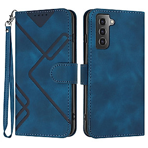 JHWVVTF for Galaxy S21 Case Wallet, Card Holder, Wrist Strap, Kickstand, Magnetic Closure, PU Leather Pattern Flip Cover, Shockproof Protective for Samsung S21 Phone Case (Blue)