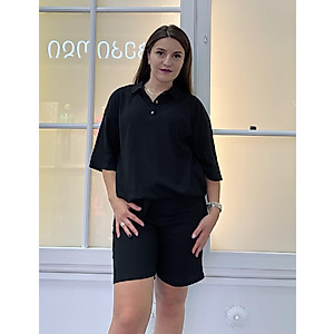 Ekouaer Pajamas 2 Piece Lounge Sets Waffle Knit Matching Outfits Oversized Shirt Loungewear Sweatsuits Summer Tracksuit Black