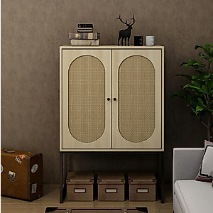Lamerge Rattan Cabinet,2 Door Sideboard Buffet Cupboard Accent High Cabinet with Natural Rattan,Free Standing Bookmatch,Adjustable Shelves,Easy Assembly,Rustic Oak Beige (LRC-ob)