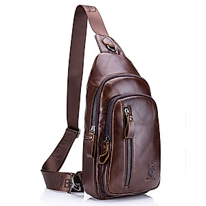 Genuine Leather Men Bag Shoulder Bags Backpack Outdoor Casual Crossbody Bag (Brown)