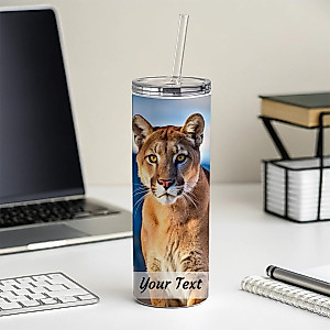 Personalized Custom Name Text Mountain Lion Cougar Skinny Tumbler 20oz with Straw Insulated Water Bottle Gift - 1 Line Horizontal