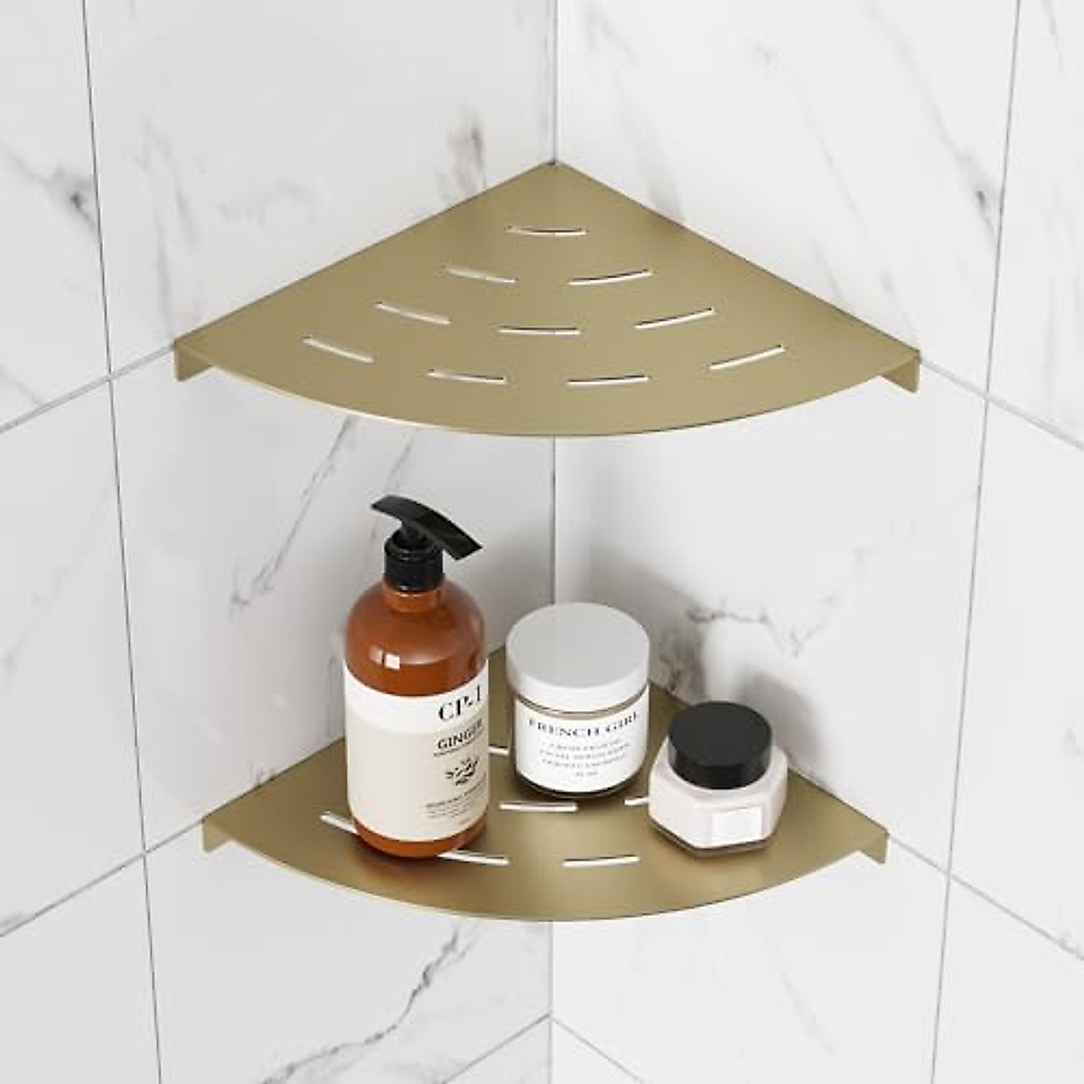 LFBA 2 Pack Corner Shower Shelves 304 Stainless Steel Brushed Gold Corner Shelves for Shower 8" Shower Shelves for Inside Shower Corner Drilling Installation