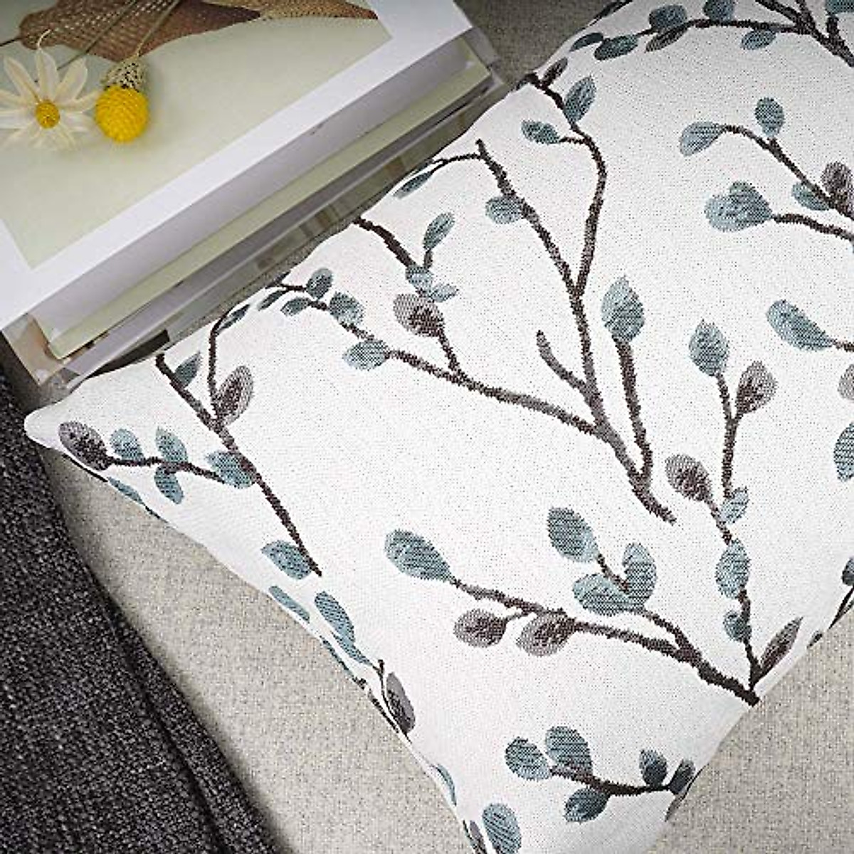 YOUR SMILE Classical Embroidery Jacquard Farmhouse Oblong Rectangle Chenille Teal Leaf Decorative Throw Pillow Case,12x20 inch