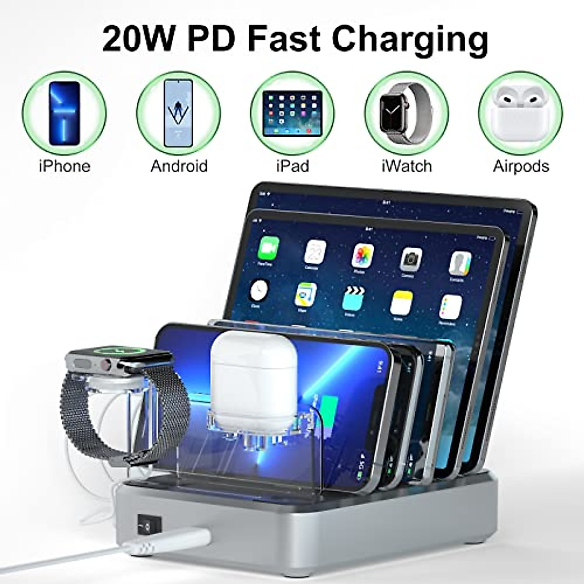 Charging Station for Multiple Devices - TYCRALI 81W 6 Port USB C Charging Station with 3 20W PD Charger, Phone and Watch Charging Stand for iPhone iPad iWatch AirPods Samsung Android Products