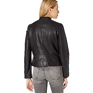 Andrew Marc Women's Goldie Racer Leather Moto Jacket, Black, X-Large