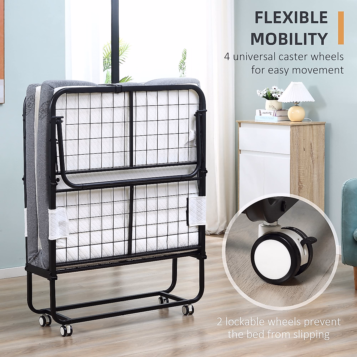 HOMCOM Rollaway Bed, Folding Bed with 4" Mattress, Portable Foldable Guest Bed with Sturdy Metal Frame and Wheels, 78.75"x35.5"x16.75", White