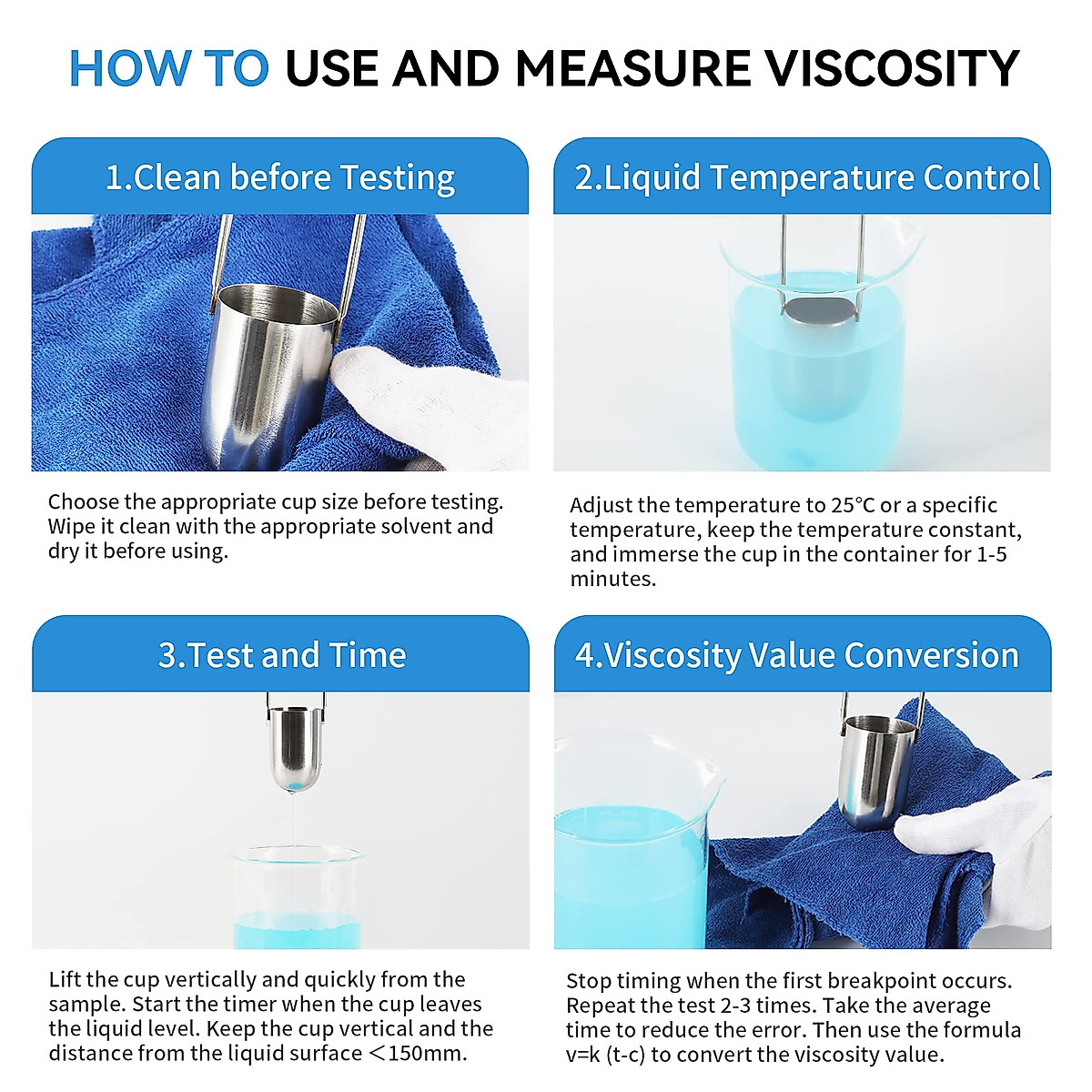 BAOSHISHAN NO.2 Zahn Cup Viscosity Cup #2 Dip Type 44ml Stainless Steel Viscometer Flow Cup for Paint Finishes Oil