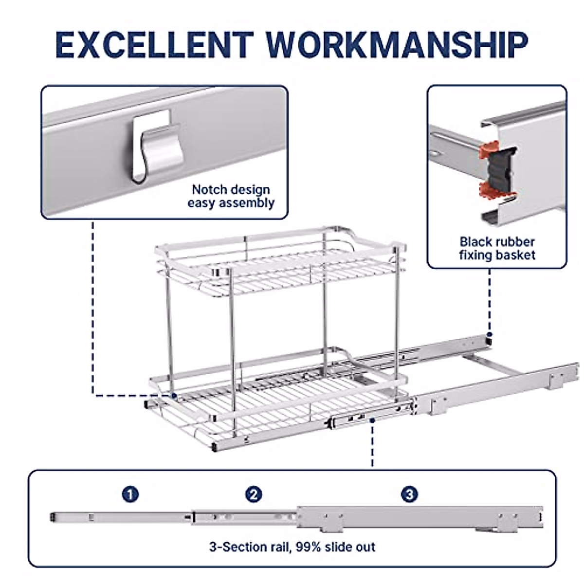 Amazer Pull Out Cabinet Organizer, 2 Tier Pull Out Drawers for Kitchen Cabinets, Slide Out Pantry Shelves 14.2"D×20"W Sturdy Cabinet Organizer Pull Out Drawers, Cabinet Pull Out Shelves Metal-Chrome