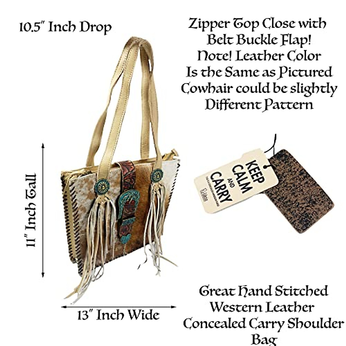 Urbalabs Western Cowhair Concealed Carry Shoulder Bag Buckle Fringe Purse Genuine Leather Handmade Stitched Handbag (Light Brown)