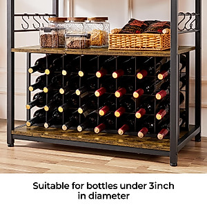 Yaheetech Wine Bakers Rack, 32-Bottle Wine Rack Freestanding Floor with Glass Holder & 6 Hooks, Industrial Coffee Bar Wine Rack Table Wine Bar Cabinet for Kitchen, Dining Room, Rustic Brown