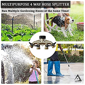 Heavy Duty 4 Way Hose Splitter (Premium Brass for Superior Durability), Wye Garden Hoses Connector for Water Spigot Faucet Bib Tap, Four Shut Off Valves, Y Adapter, Rust-Resistant Finish, Zero Leaks
