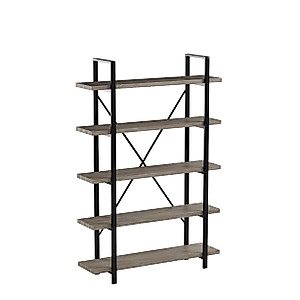 45MinST 5-Tier Vintage Industrial Style Bookcase/Metal and Wood Bookshelf Furniture for Collection, Gray Oak, 3/4/5 Tier (5-Tier)