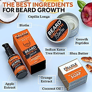 FOLLICLE BOOSTER Complete Beard Growth Kit - 6 in 1 - Coverup Your Patchy Beard in 12 Weeks - Roller, Serum Oil (1oz), Balm (1oz), Wash Soap, Cleanser and Comb