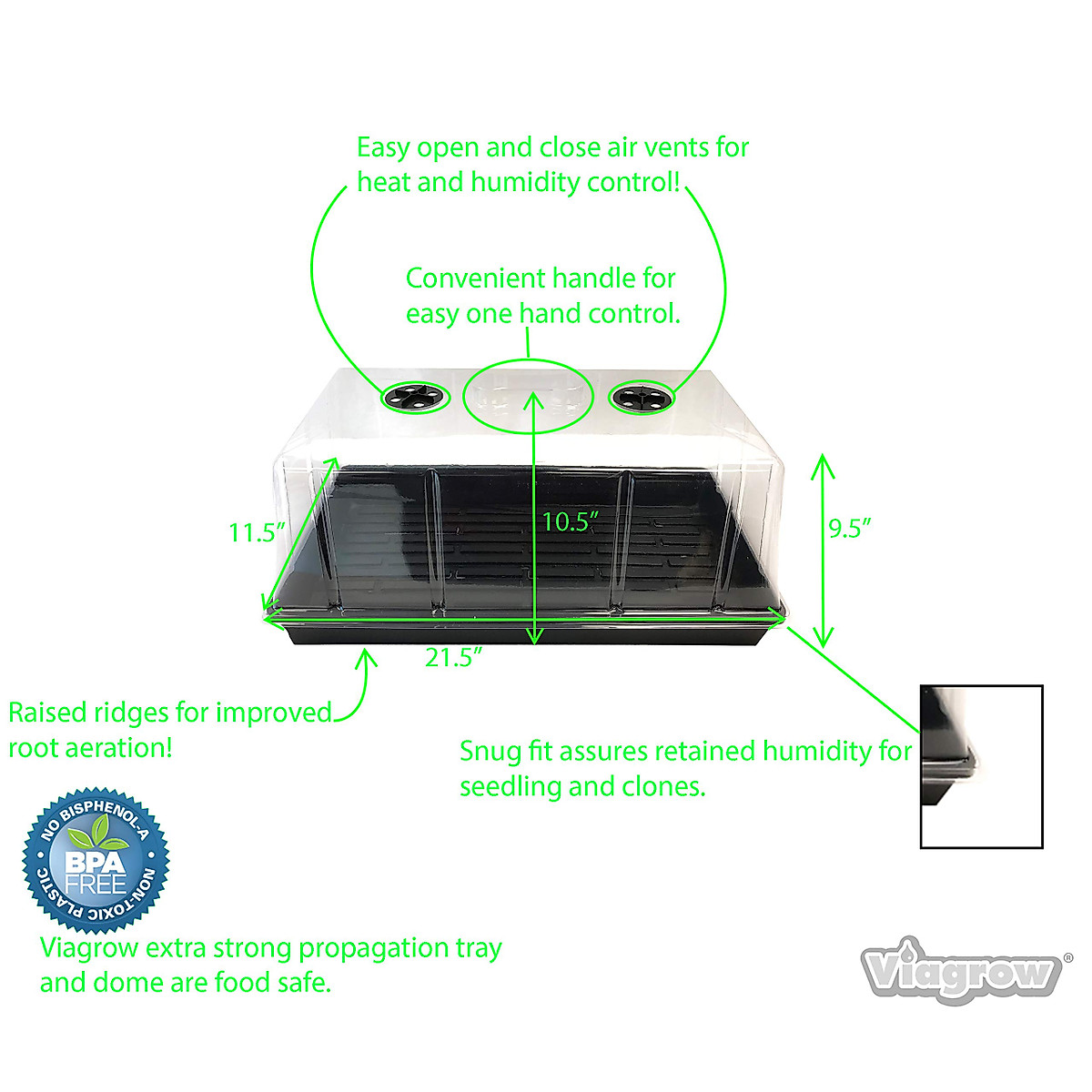 Viagrow V726298TD-10 Extra Strength No Holes Propagation Seed Starter, 10 Trays with Domes, Black