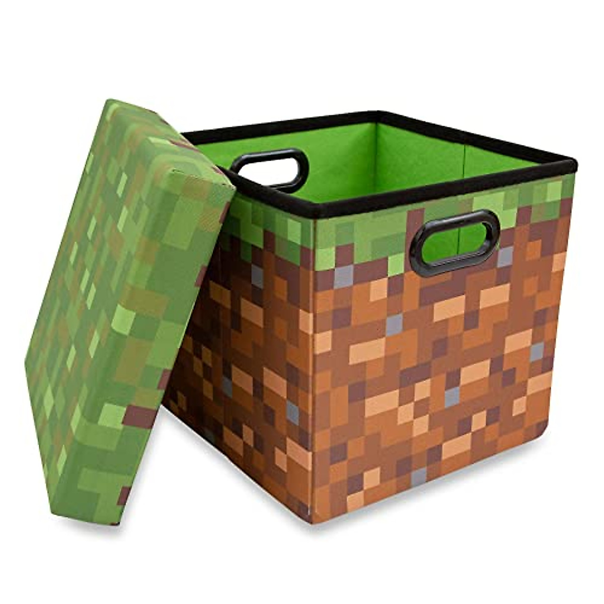 Minecraft Grassy Block 13-Inch Storage Bin Chest With Lid | Foldable Fabric Basket Container, Cube Organizer With Handles, Cubby For Shelves, Closet | Home Decor Essentials, Video Game Gifts