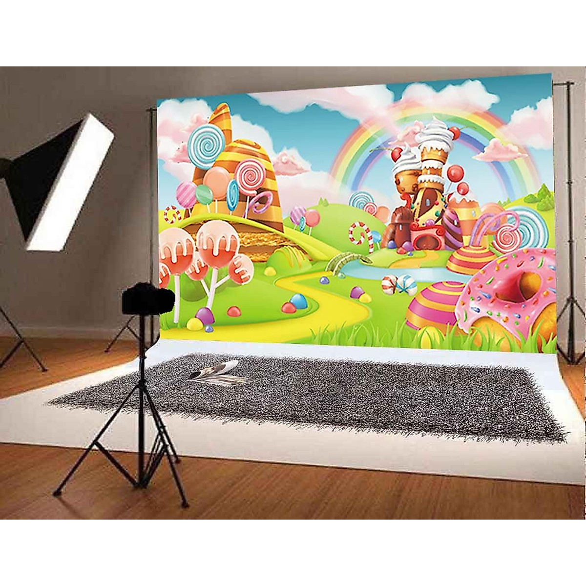 Qian Lollipop Backdrops Cartoon Candy Photo Rainbow Studio Props Booth Baby Birthday Party Photography Background Vinyl 5x3FT ly020