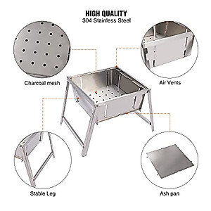 REDCAMP Pop up Camping Flatfold Fire Pit Portable & Wood Burning, 12.8" Folding Collapsible Stainless Steel Backpacking Grill Charcoal for Outdoor Cooking BBQ