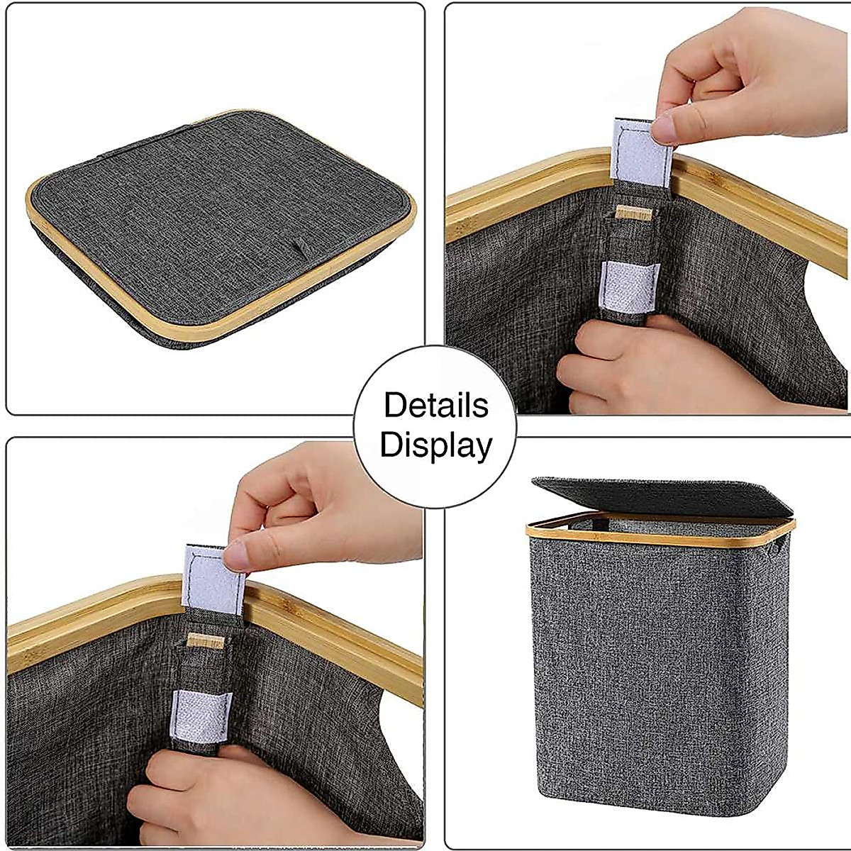 Mindore Laundry Hamper with Lid,60L Collapsible Laundry Basket with Bamboo Handles,Portable Clothes Hamper for Dorm Room, Bathroom, Bedroom,Grey Foldable Hamper for Toys, Closet, Clothing