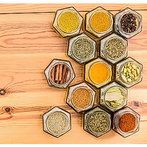 Cornucopia Mini Hexagon Glass Jars (1.5oz, 48-Pack); Tiny Hex Jars with Gold Lids for Spices, Gifts, Party Favors, DIY and More, 3-Tablespoon Capacity