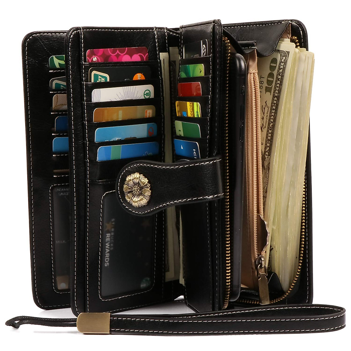 Pearl Angeli Wristlet Wallets for Women Waxy Leather Credit Card Wallet with Rfid Blocking