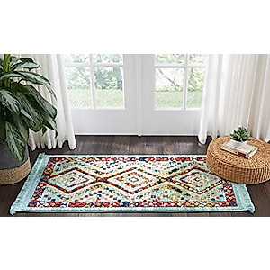 Nourison Tribal Decor Tribal Aqua 2'2" x 4'3" Area -Rug, Easy -Cleaning, Non Shedding, Bed Room, Living Room, Dining Room, Kitchen (2x4)