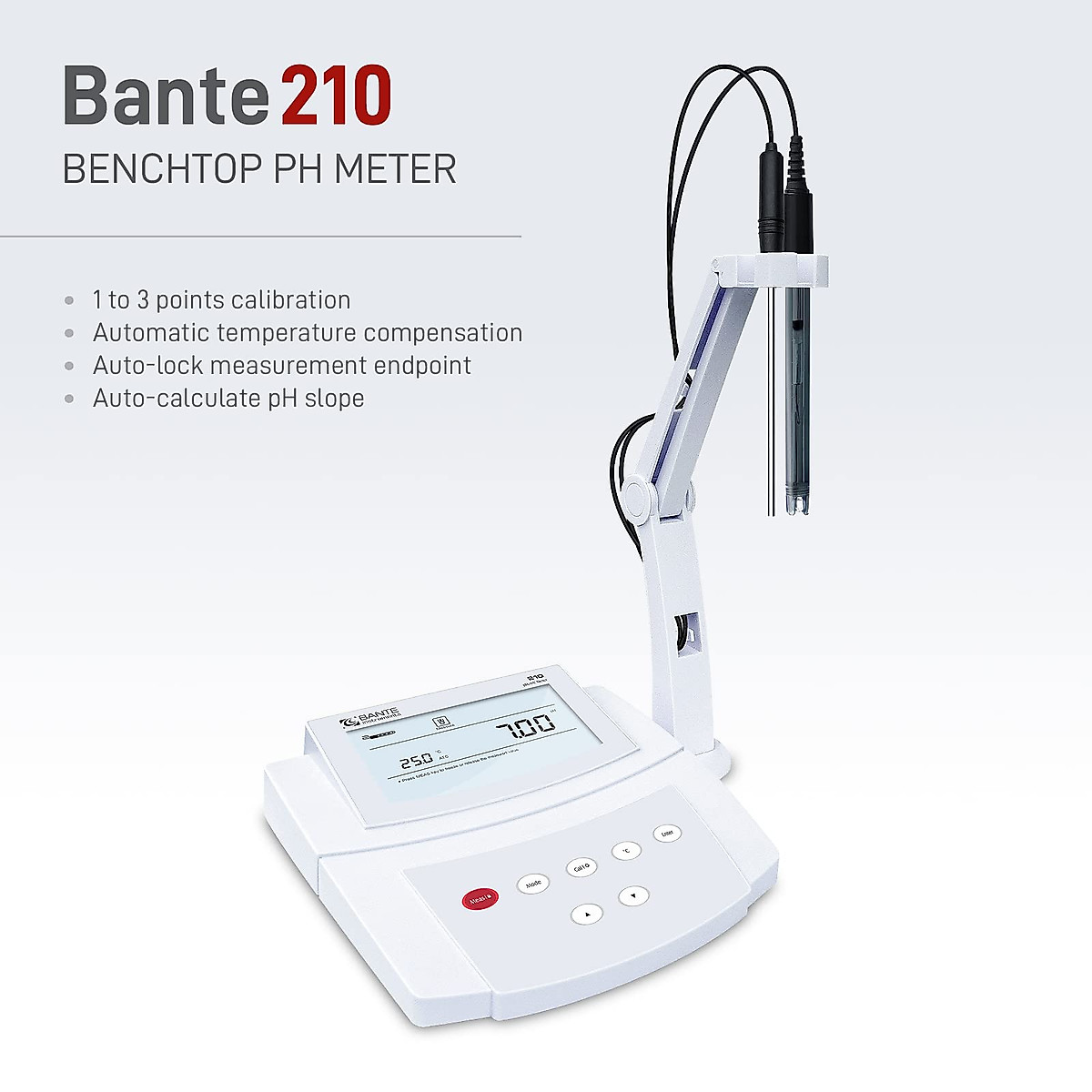 Bante 210 Benchtop pH Meter | Lab pH Meter for Routine Measurements, ±0.01 pH Accuracy, 3 Points Calibration, Equipped with pH Electrode, Temperature Probe and Buffers