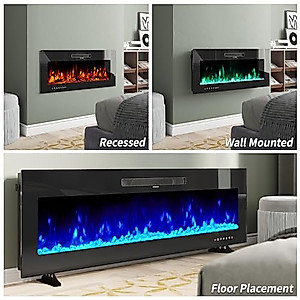 Amerlife 40" Electric Fireplace Wall Mounted, Recessed and Freestanding, Fireplace Heater W/12 Flame Color and Brightness, Touch Screen & Remote Control, Log Set & Crystal Included, Black