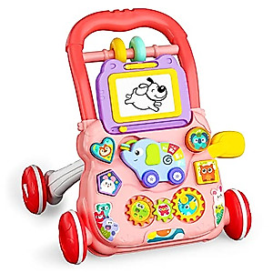 Sit-to-Stand Learning Walker, 2 in 1 Baby Walker with Drawing Board, Early Educational Activity Center, Multifunctional Removable Play Panel, Baby Music Learning Toy Gift for Infant Boys Girls