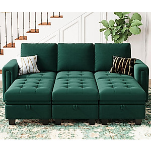 Belffin Green Velvet L-Shape Modular Convertible Sofa Bed with Storage, 83.4x62.2x35.8 inches, 6 Pieces, Medium Firmness