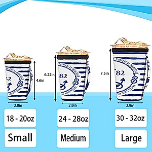 Nautical Navy Reusable Iced Coffee Sleeve Cold Beverage Coozies Compatible£¬Blue Striped Anchor Cup Sleeve with Handle Machine Washable for Most Coffee Drinks Fits 24-28 oz Coffee Cups