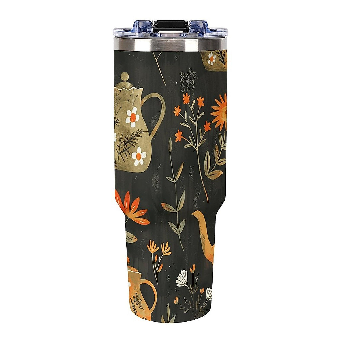 YTLKGFP 40 Oz Large Capacity Car Cup Plants And Teapot Tumbler with Handle (Black) Straw Lid Insulated Stainless Steel Water Bottle Travel Mug Leak-proof Car Cup Keeps Cold Or Hot