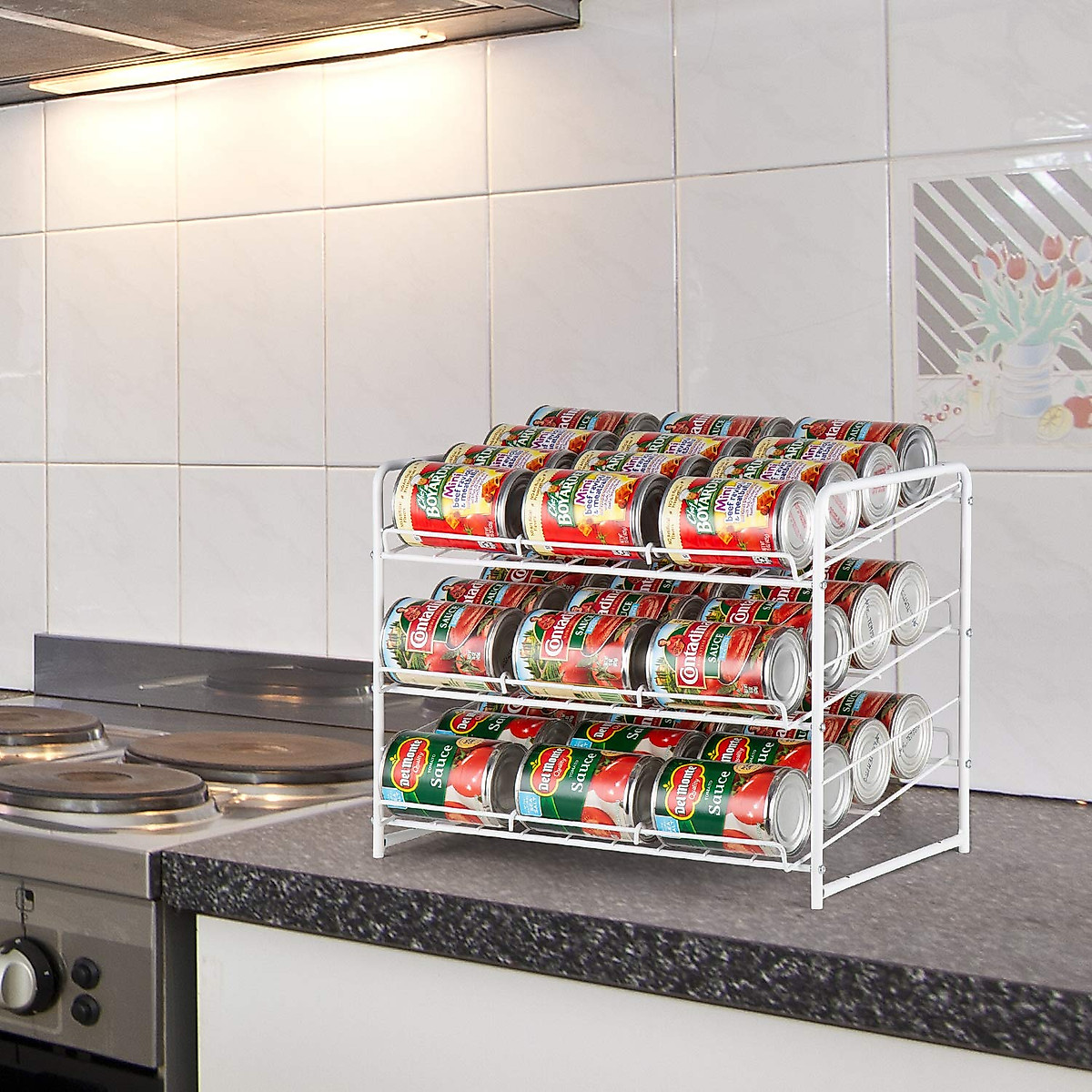 Auledio Stackable Can Rack Organizer For Kitchen Cabinet, Pantry Organization And Storage Dispenser, Holds 36 Soda Cans Or Canned Food, Metal White (White)