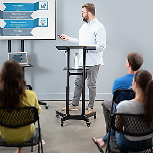 VIVO Steel Mobile 24 inch Height Adjustable Multi-Purpose Rolling Podium, Lectern, and Laptop Workstation Desk with Storage Tray, Black, CART-V03E