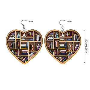 Book Lover Heart Shaped Bookshelf Earrings Acrylic Ornament Teal Hoop Earrings (One Size, C)