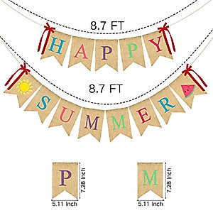2Pack Happy Summer Burlap Banner Rustic Garland Decorations with Sun and Watermelon, Pool Beach Barbecue Hawaiian Party Decor Supplies