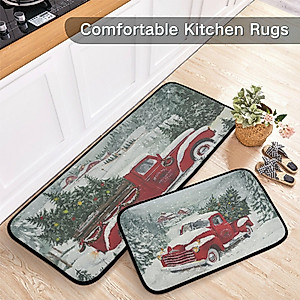 Pfrewn Red Truck with Chrismas Trees Kitchen Rug and Mat Set of 2 Snowy Poetic Winter Snowflakes Anti Fatigue Farmhouse Runner Rugs Floor Mats for Christmas Xmas Holiday Kitchen Laundry Home Decor