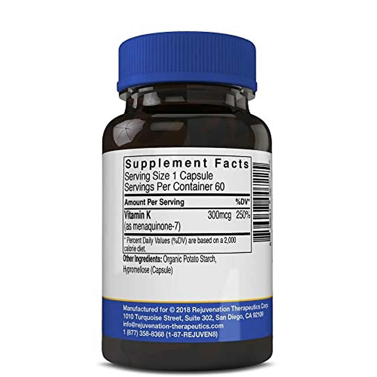 Rejuvenation Therapeutics Vitamin K2 MK-7 | 60-Day Supply, High Potency (300mcg) | Easy to Swallow Vegetarian Capsules