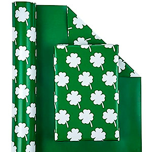 WRAPAHOLIC Reversible Wrapping Paper - Mini Roll - 17 Inch X 33 Feet - St. Patrick Green and White Lucky Clovers Design for Celebration, Baby Shower