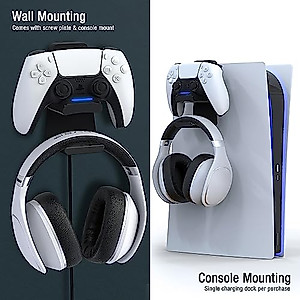 Foamy Lizard PS5 Controller Charger Console and Wall Mount for Playstation 5 DualSense Fast Charging Station Hanging Dock, Headphone Hook, LED Indicator, Overcharge Protection (All Black)