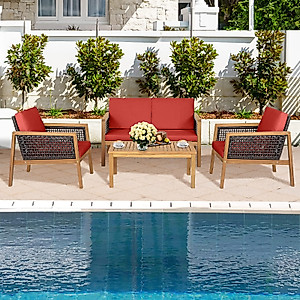 PATIOJOY 4 Pieces Outdoor Acacia Wood Furniture Set, Outdoor PE Wicker Conversation Set with Coffee Table and Soft Cushions, Outdoor Sofa Set for Garden, Poolside and Backyard (1, Red)