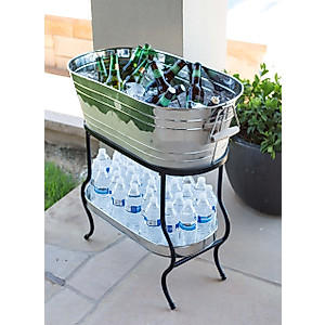 BirdRock Home Stainless Steel Beverage Tub with Stand - Oval - Bottom Tray - Party Drink Holder - Wooden Handles - Outdoor or Indoor Use - Free Standing