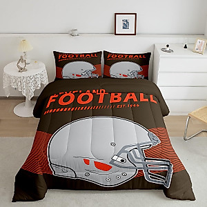 American Football City Comforter Set Football Player Bedding Queen for Kids Girls Boys American Football Helmet Bed Comforter Set Football Sports Duvet Insert Bedroom Decor, Brown Orange(Cleveland)