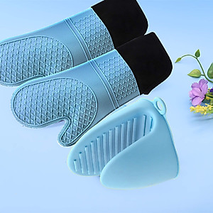 SNOMYRS Silicone Oven Gloves and 2-Piece High Temperature Resistant Silicone Hand Clip 2-Piece Non-Slip Coaster Silicone Coaster for Hot Surfaces (Blue)