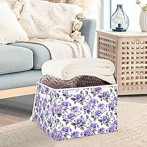 senya Flower Baskets Collapsible Storage Bins with Lids, Romantic Purple Roses Storage Boxes Clothes Baskets for Organizing, B06D22020