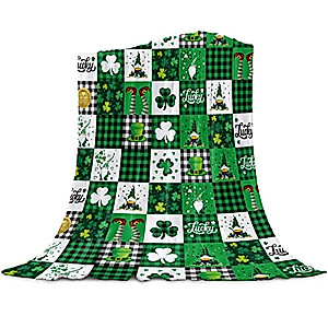 Green Buffalo Plaid Clover Soft Fleece Throw Blankets for Couch, Saint Patrick Microfiber Bed Blanket, St. Patrick's Day Gnome, 40x50inch Flannel Blanket Cover for Sofa Travel, for All Seasons
