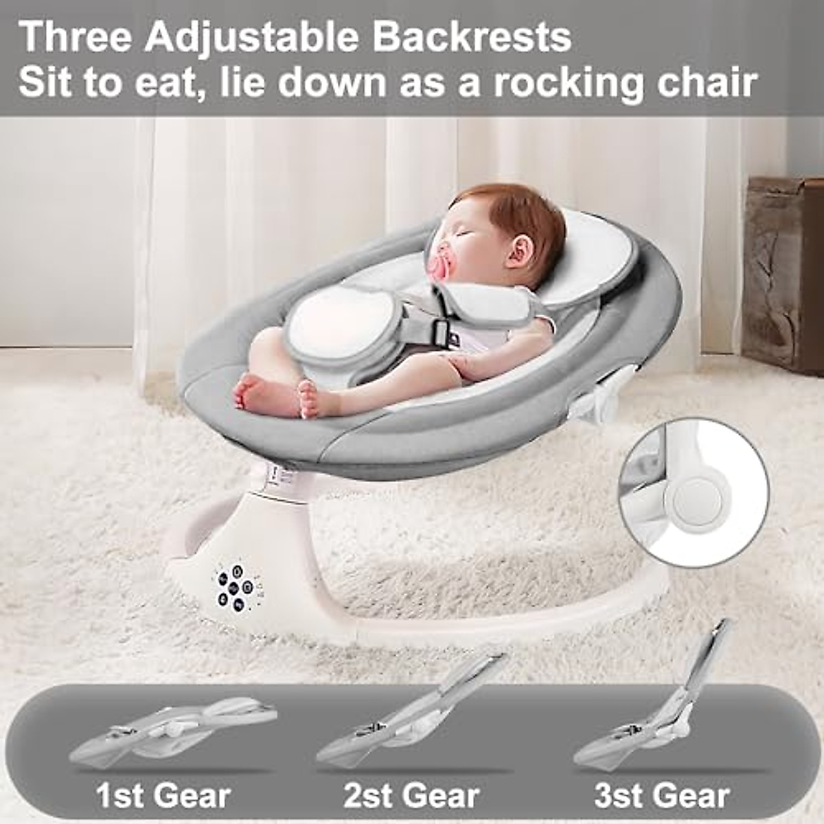 Baby to Toddler Cradle, Portable Rocker Swing for Newborn Boys and Girls, Indoor and Outdoor use, 5 Swing speeds, 5-Point Safety Harness, Foldable, Gray.