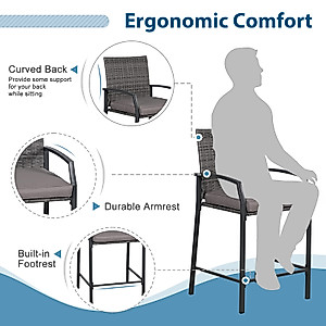 JOIVI 3 Piece Patio Bar Set, Outdoor Wicker Counter Height Bar Stools and Wood Top Table Set for 2 People, Bar Height Table Bistro Set with 2 Bar Chairs and Cushions for Backyard, Balcony