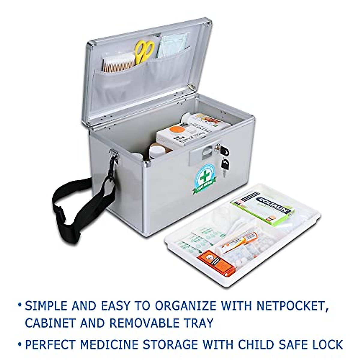 Hewei Durable Empty Medicine Box Storage Box Lock Box for Storage Collection Portable Lockable with Removable Sticker Tray Shoulder Strap (X-Large )